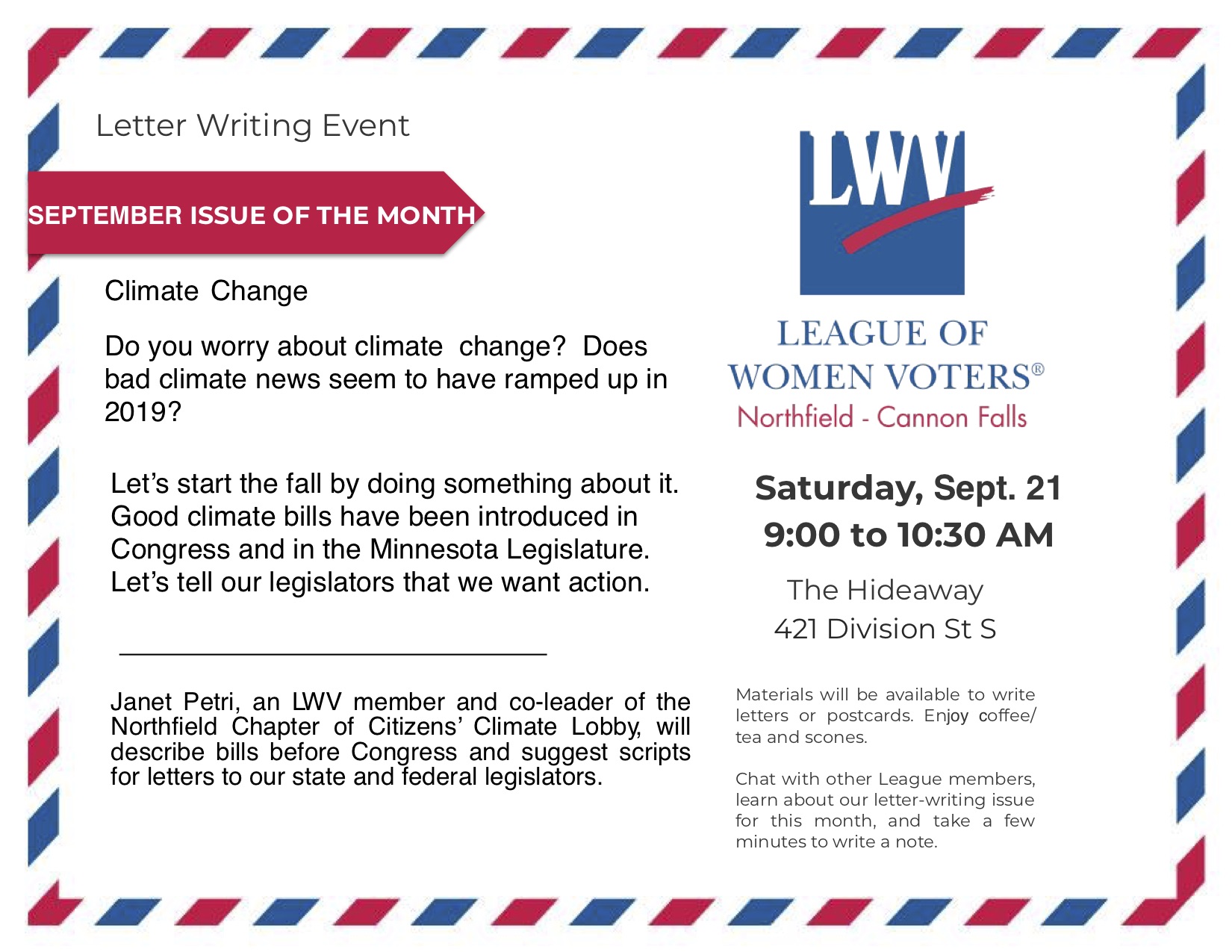 Letter Writing for September 21 – The League of Women Voters
